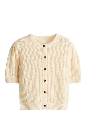 H&m Pointelle Knit Cardigan With Puff Sleeves - Light Beige