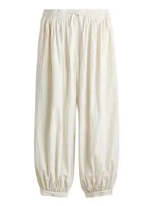 H&m Cotton Balloon Trousers With Drawstring Waist - Light Beige/striped