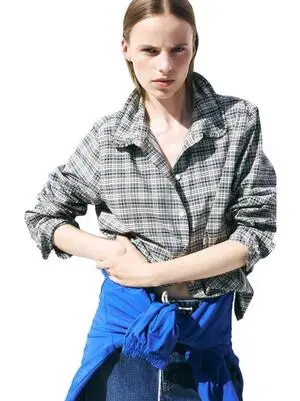 H&M Cotton Poplin Shirt With Frill Trim - Cream/checked