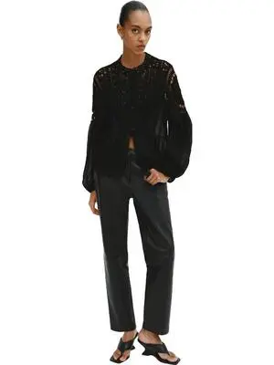 H&m Crochet-look Blouse With Stand Collar And Balloon Sleeves - Black
