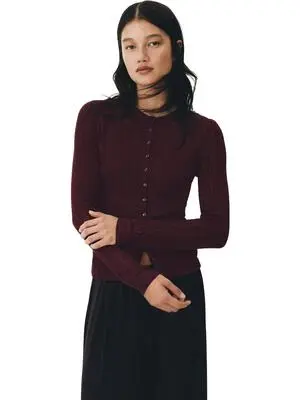 H&m Pointelle-knit Fitted Cardigan With Button Front - Burgundy