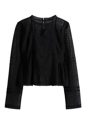 H&m Plumeti Mesh Blouse With Lace And Embroidery - Black