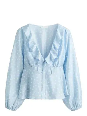 H&m Polka Dot V-neck Tie Detail Blouse - Light Blue/polka Dot