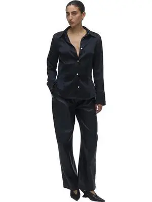 H&m Fitted Twill Shirt With Subtle Sheen - Black