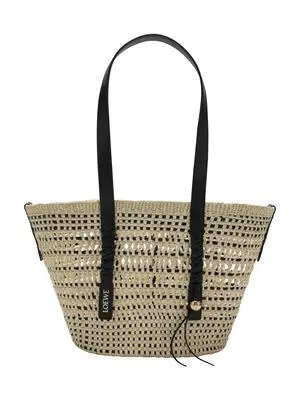 Loewe Medium Basket Bag In Iraca Palm And Calfskin - Beige