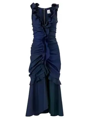 Carolina Herrera Ruched Ruffle Midi Dress - Blue