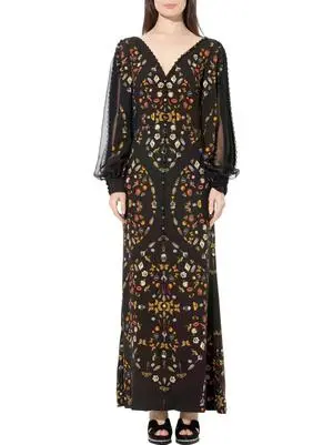 Alexander McQueen Obsidian Print V-neck Long Sleeve Maxi Dress - Black