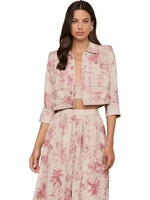 L'Agence L'AGENCE Eda Cropped Linen Jacket In Textured Jungle Toile Print Tan Multi Textured Jungle Toile