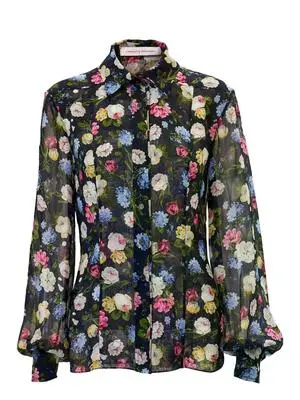 Carolina Herrera Floral Print Sheer Silk Chiffon Blouse - Blue