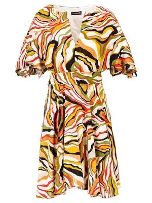 CONQUISTA Printed Linen-style Dress With Ruffle Sleeves - Brown