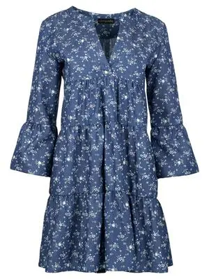 CONQUISTA Indigo Floral A-line Dress With Bell Sleeves - Blue