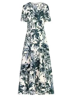 Oscar De La Renta Short Sleeve Tropical Print Dress - Neutrals