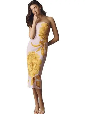 Bhldn Strapless Fitted Midi Dress With Floral Print - Pink