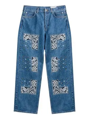 NOMARHYTHM TEXTILE Bandana Embroidery Wide Leg Jeans - Indigo/white