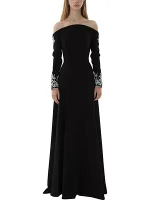 DINA MELWANI Off-shoulder Crystal-embellished Maxi Gown - Black