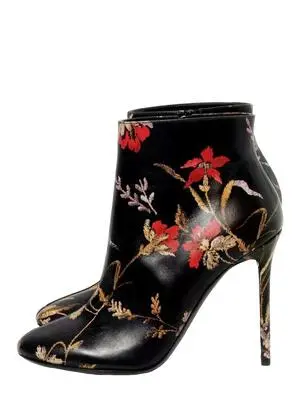 Balenciaga Floral Detail Leather Ankle Boots - Black