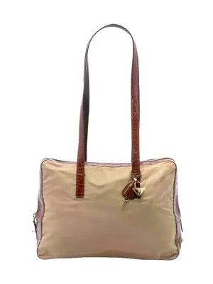 Prada Croc Embossed Leather Trimmed Tessuto Shoulder Bag - Brown
