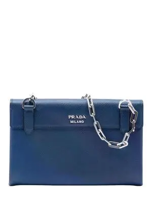 Prada Saffiano Leather Twist Lock Chain Flap Crossbody Bag - Blue