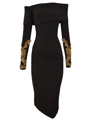 ALINA CERNATESCU Orsini Midi Dress Long Sleeve, Off-the-shoulder, Embroidered - Black