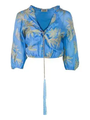 Pho Firenze Ramie Leaf-pattern Cropped Blouse - Blue