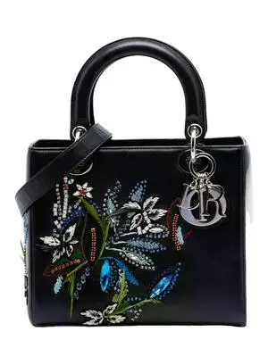 Dior Christian Dior Limited Edition Medium Smooth Calfskin Embroidered Beaded Floral Lady Dior Satchel Black