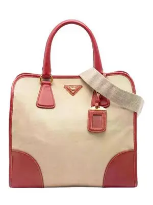 Prada Saffiano Trimmed Canvas Canapa Satchel - Red