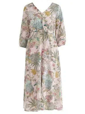 MAISON QALA Midi Dress With Botanical And Bird Motifs - Pink