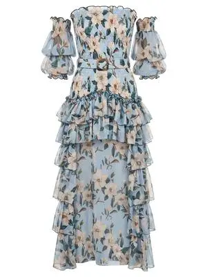 NUR KARAATA Riviera Long Dress With Floral Print And Tiered Ruffles - Blue