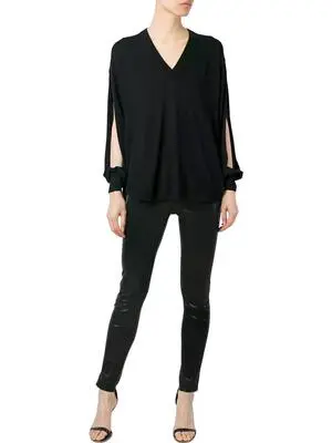 Givenchy Wool-silk Blend V-neck Sweater With Ruffled Slits - Black