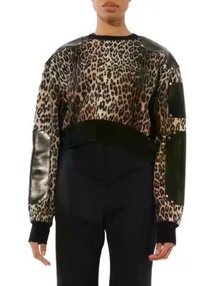 Givenchy And Brown Lambskin And Wool Leather Panel Cropped Jumper - Black