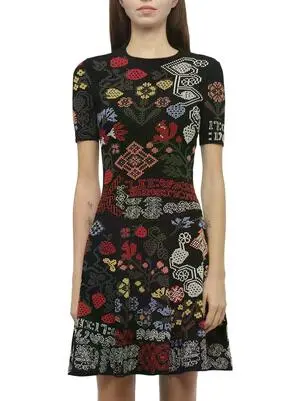 Alexander McQueen Graphic Floral Intarsia Knitted Mini Dress - Black