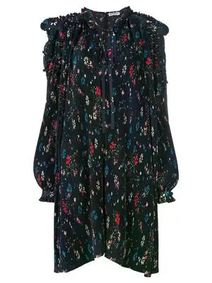 Balenciaga Floral Print Pleated Dress - Blue