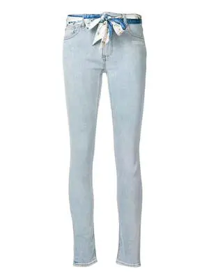 Off-White Skinny Jeans With Printed Scarf Belt - Blue