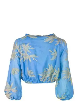 Pho Firenze Ramie Leaf Pattern Cropped Blouse - Blue