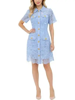NANCY YANG Short Sleeve Lace Mini Dress - Blue