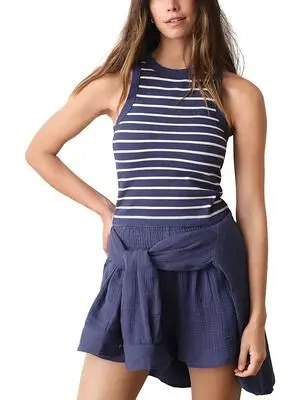 Marine Layer Ribbed High Neck Crop Tank - Blue White