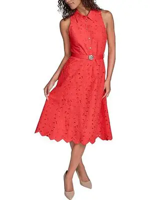 Karl Lagerfeld Paris Sleeveless Eyelet Button-down Midi Dress - Apple