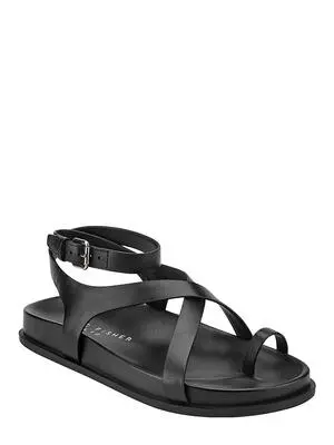MARC FISHER LTD. Strappy Leather Flat Sandals - Black