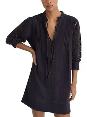 REISS Gia Dress With Embroidered Details - Navy