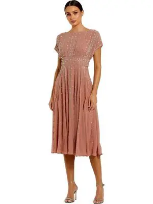 Mac Duggal Embellished Short Sleeve Midi Dress - Cinnamon