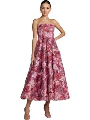 Mac Duggal Floral Sequin Strapless Midi Dress - Pink Multi