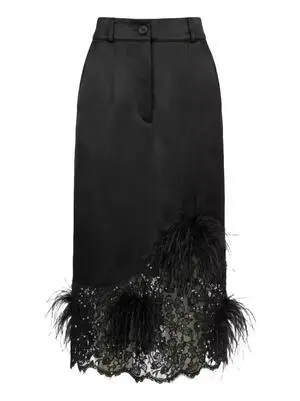 ALMAZ Feather-trim Lace Hem Skirt - Black