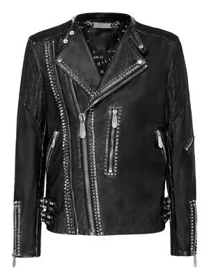 Philipp Plein Studded Leather Biker Jacket - Black