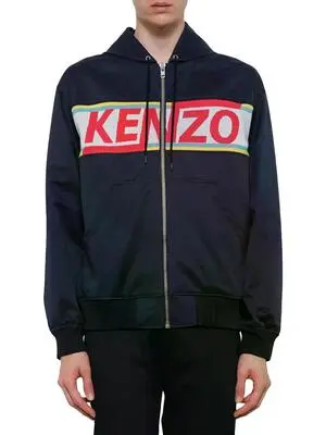Kenzo Logo Panelled Cotton Zip-up Hoodie - Blue