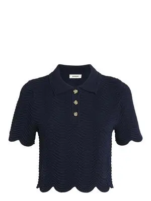 Sandro Knitted Polo Crop Top With Gold-tone Buttons - Blue