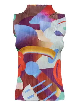 Issey Miyake Sleeveless Pleated Turtleneck Top With Multicolor Spots Print - Multicolour