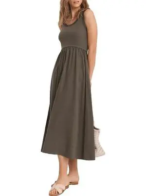 Mint Velvet Ruched Trim Cotton Midi Dress - Khaki