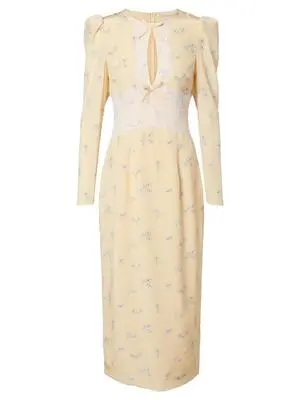 Alessandra Rich Lace-trimmed Floral Silk Midi Dress - Yellow