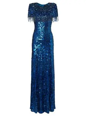 Jenny Packham Jenny Packham Embellished Fringed Gown Blue