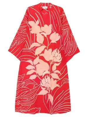 Verandah Wild Tulip Floral-print Long-sleeve Midi Dress - Red